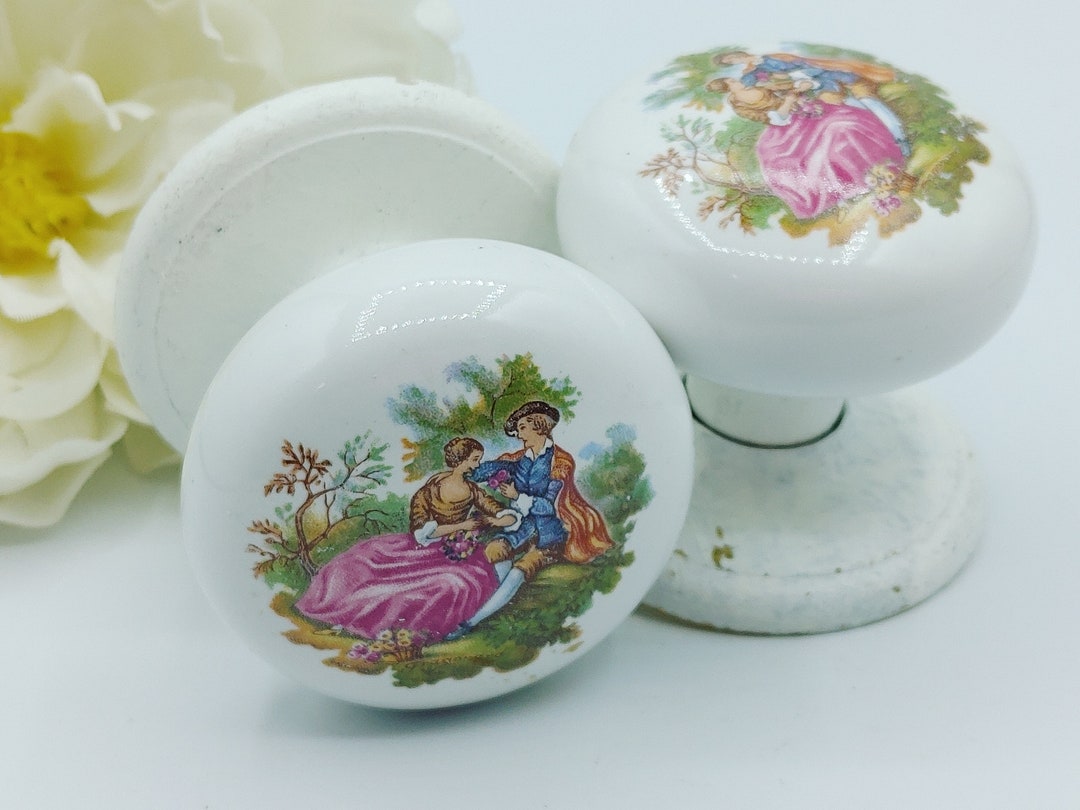 Vintage 2 Gainsborough Porcelain Door Knobs Fragonard Courting Couple Scene White Porcelain Door ...