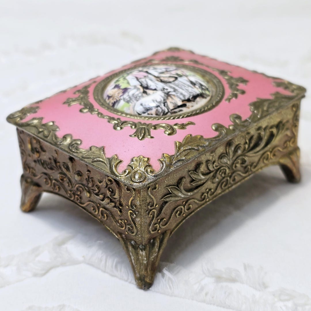 Vintage Repoussé Jewelry Trinket Box Footed - Featuring Gold Gilt ...