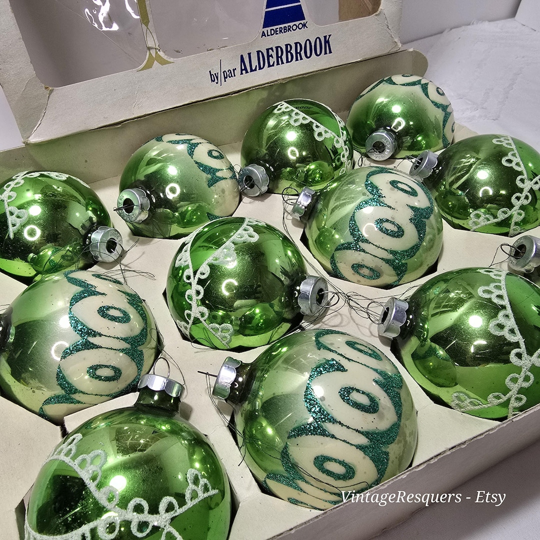 Vintage Green Glass Mica Christmas Ornaments by Alderbrook Made in USA ...