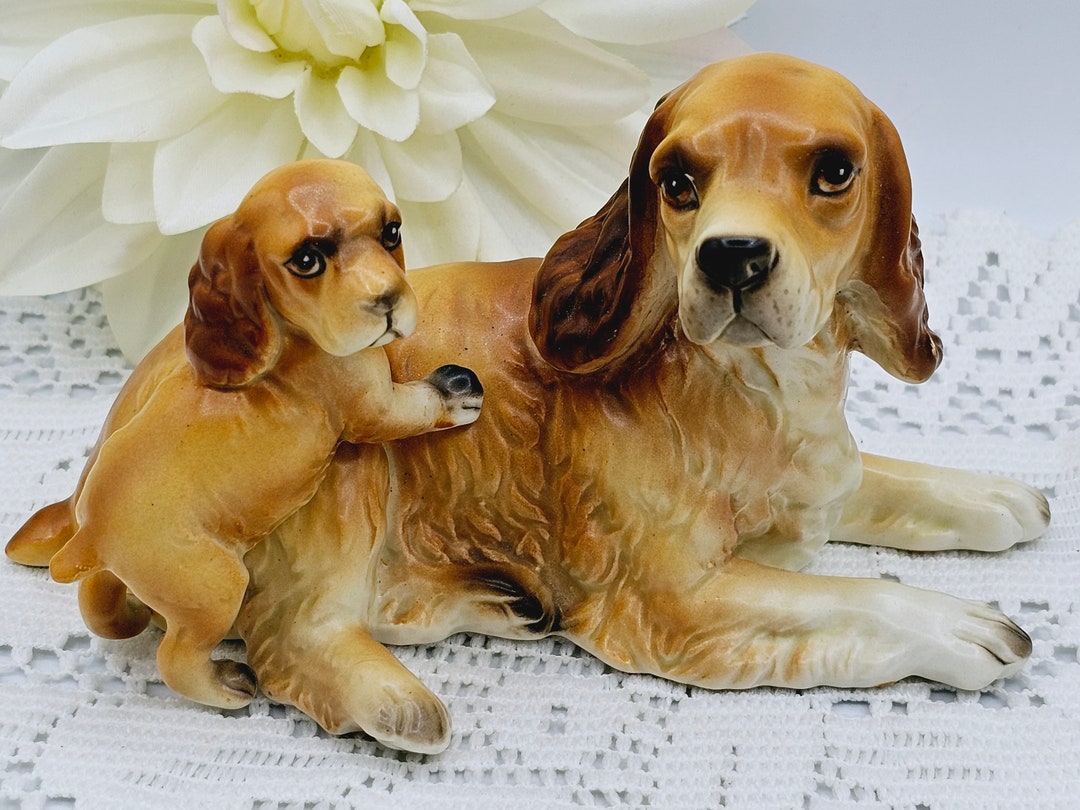 Vintage Cocker Spaniel Dogs Resting Mom With Playful Puppy Signed Napco ...