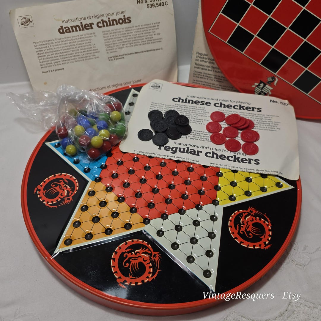Vintage 2 in 1 Metal Chinese Checkers and Regular Checkers Board Games ...