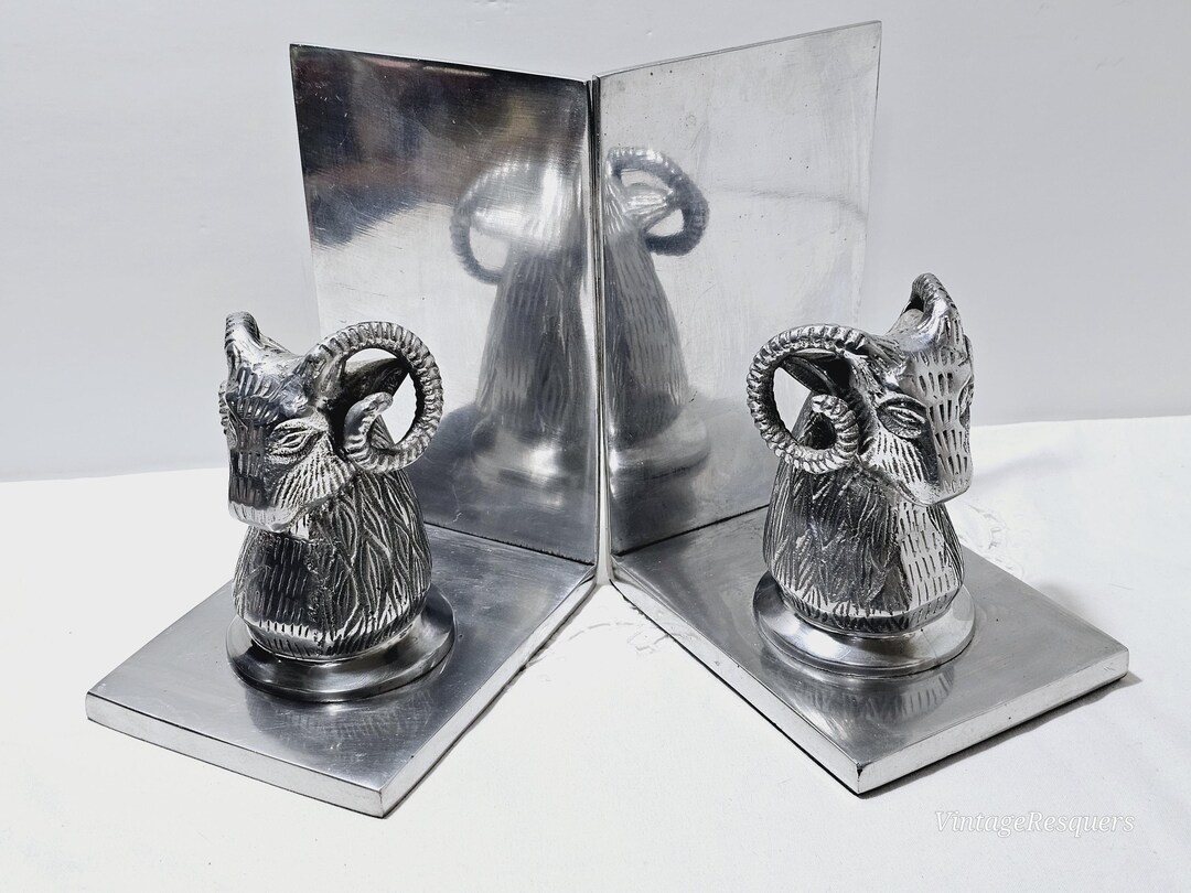 Vintage Chrome Ram Head Male Sheep Bookends Made in India Aries Zodiac ...