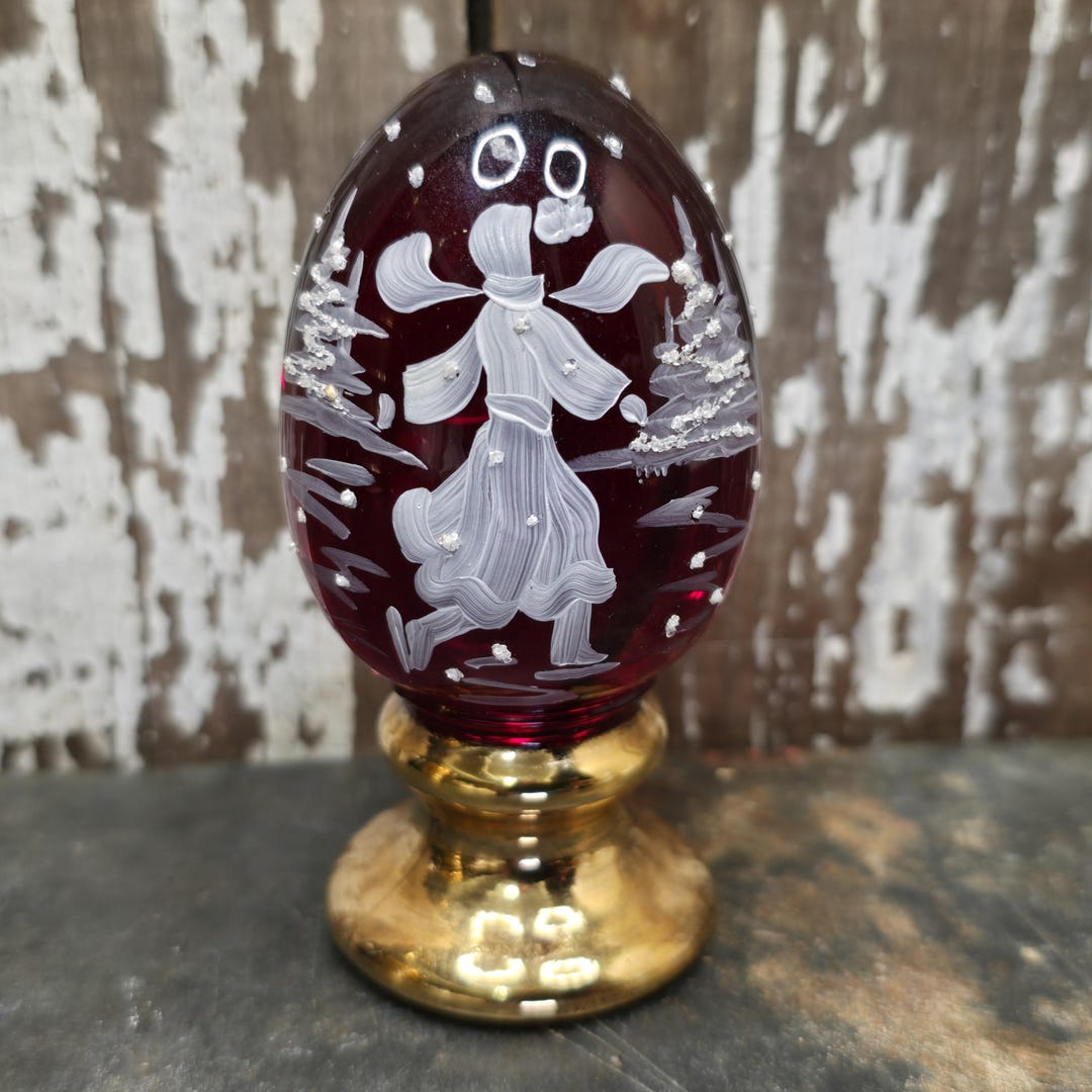 RARE Fenton Art Glass Ruby Red Egg Hand Painted in Ukraine - Ice Skater ...