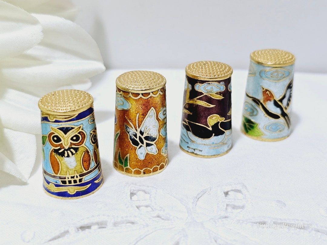 Vintage Set of 4 Cloisonné Thimbles Wildlife Themed Thimbles, Owl ...