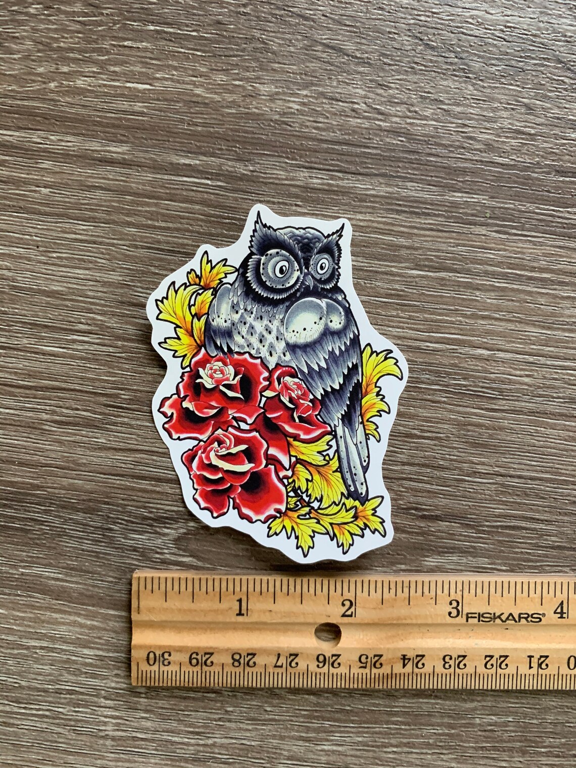 Owl With Red Roses Sticker Tattoo Art Style Stickers - Etsy