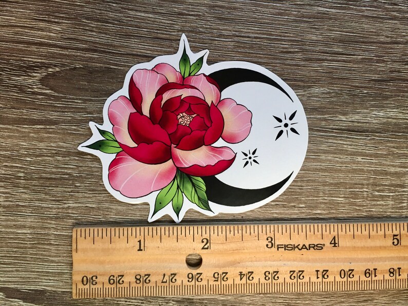 Pink Peony Moon Sticker | Floral Stickers | Red Flower Black Moon ...