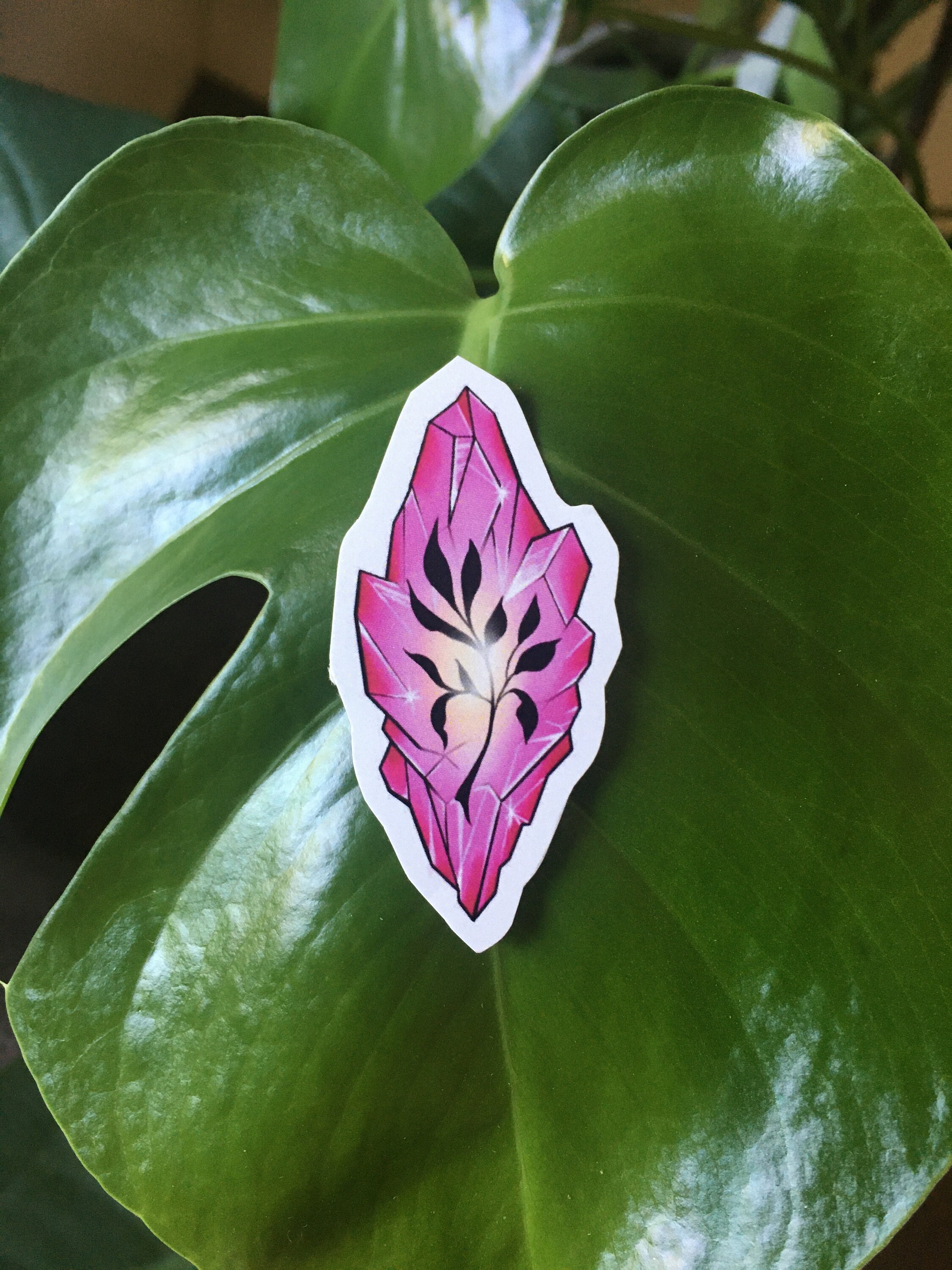 Magical Pink Crystal Sticker Mystic Gem With Black Plant Floral Tattoo ...