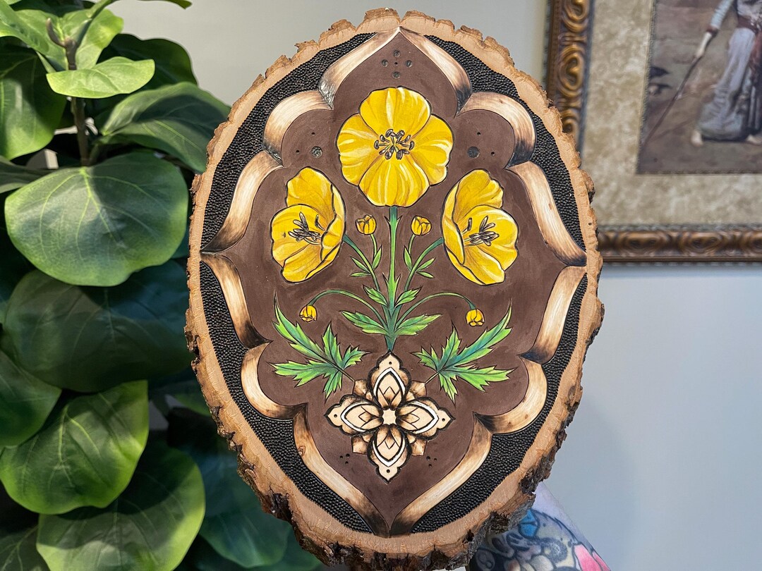 Folk Yellow Buttercup Flowers & Mandala Wood Burning, Wall Hanging ...