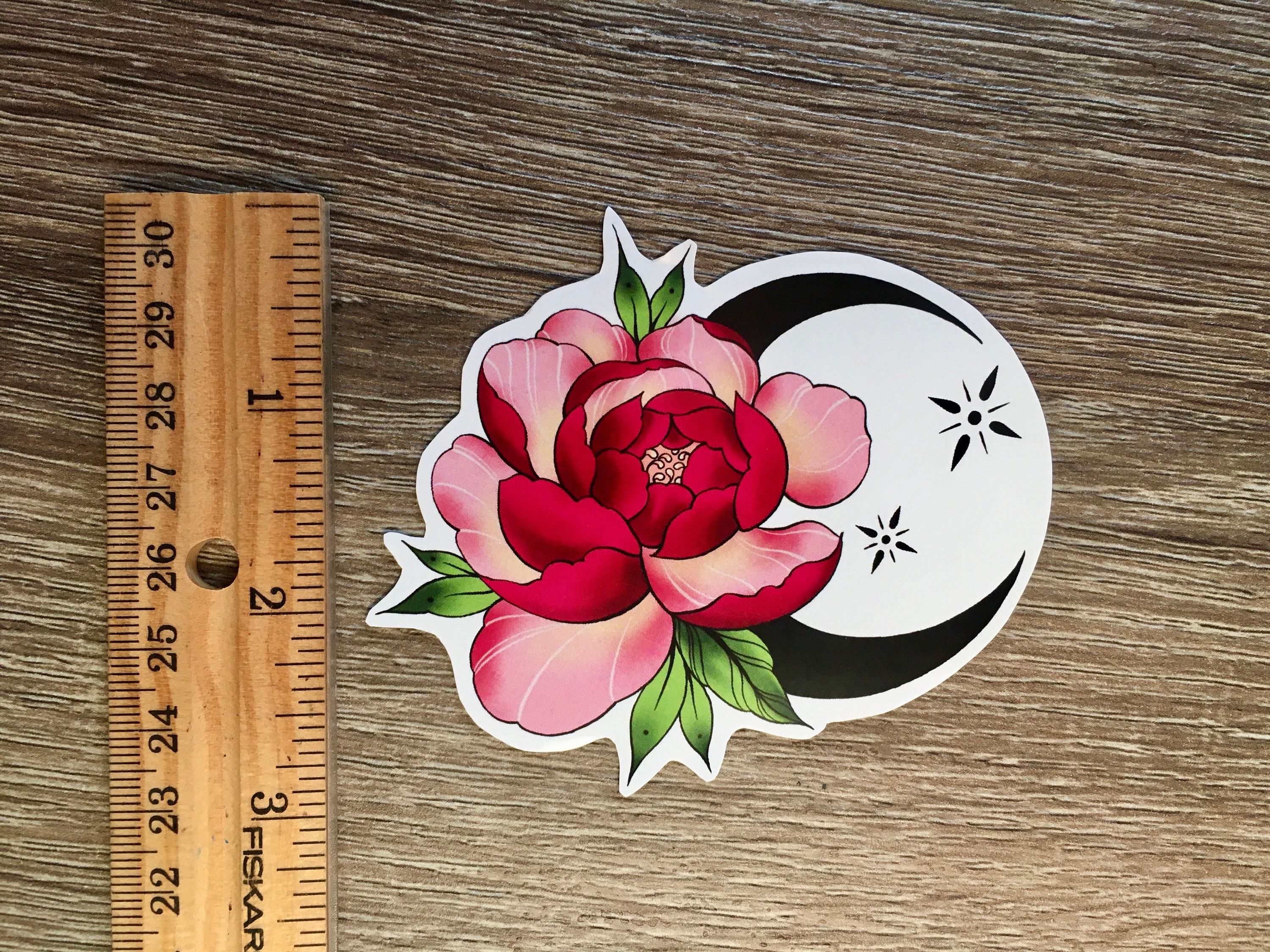 Pink Peony Moon Sticker | Floral Stickers | Red Flower Black Moon ...
