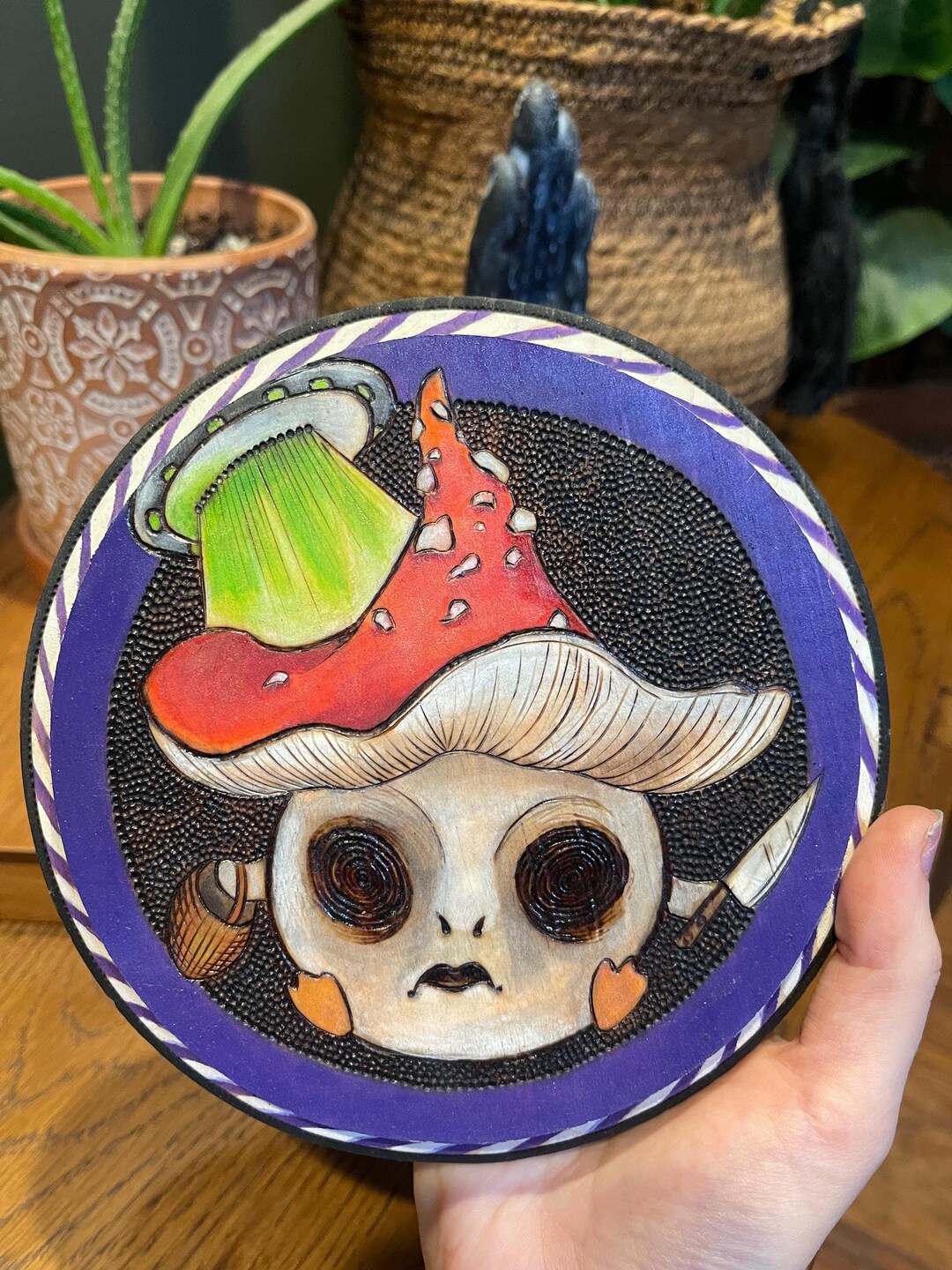 Funny Cute Ufo Mushroom Wood Burning, Pyrography Hanging Wall Art ...