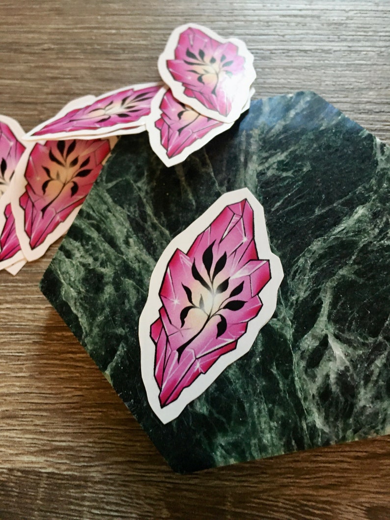 Magical Pink Crystal Sticker Mystic Gem With Black Plant Floral Tattoo ...
