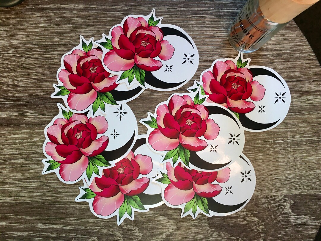 Pink Peony Moon Sticker | Floral Stickers | Red Flower Black Moon ...