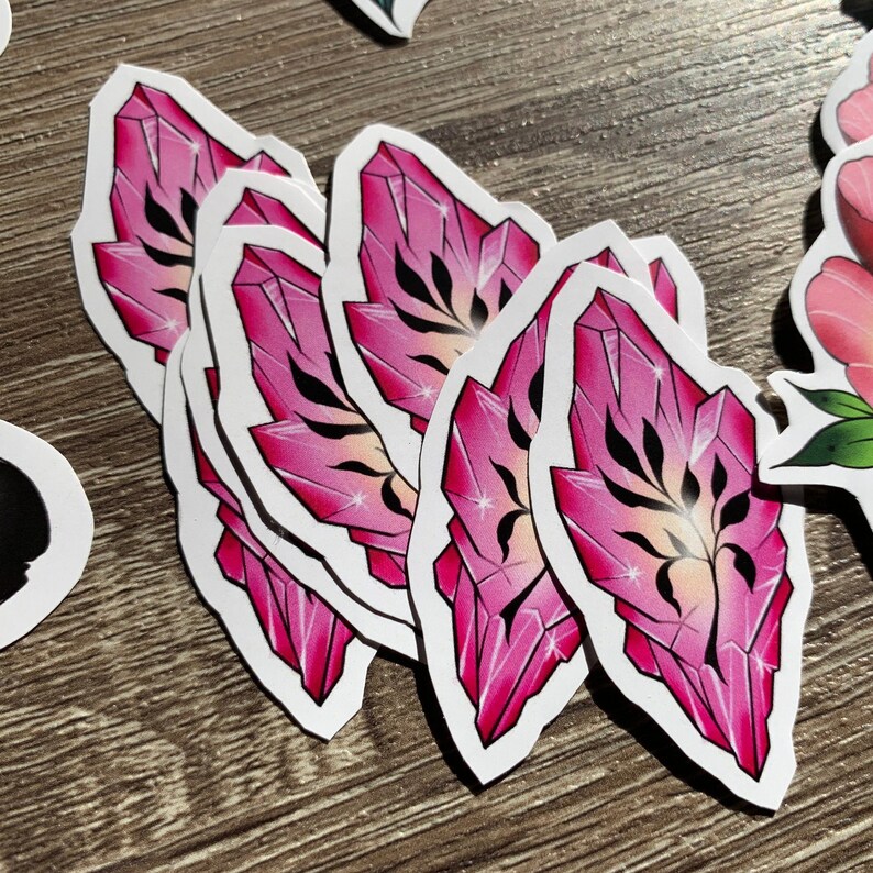 Magical Pink Crystal Sticker Mystic Gem With Black Plant Floral Tattoo ...