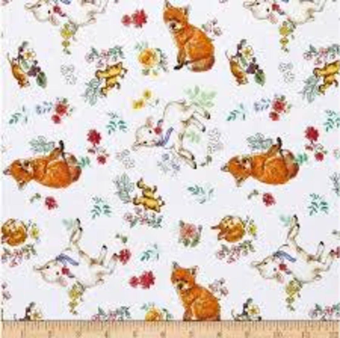 New Friends 1/2 Yard Fox Lamb Rabbit Ducklings Toss White Cotton ...