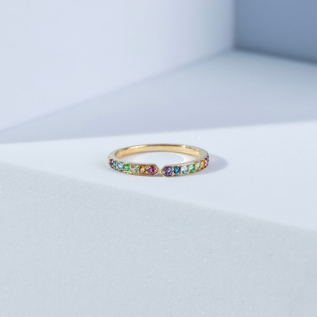Rainbow Gemstone Open Ring in Gold Plated Sterling Silver - Etsy