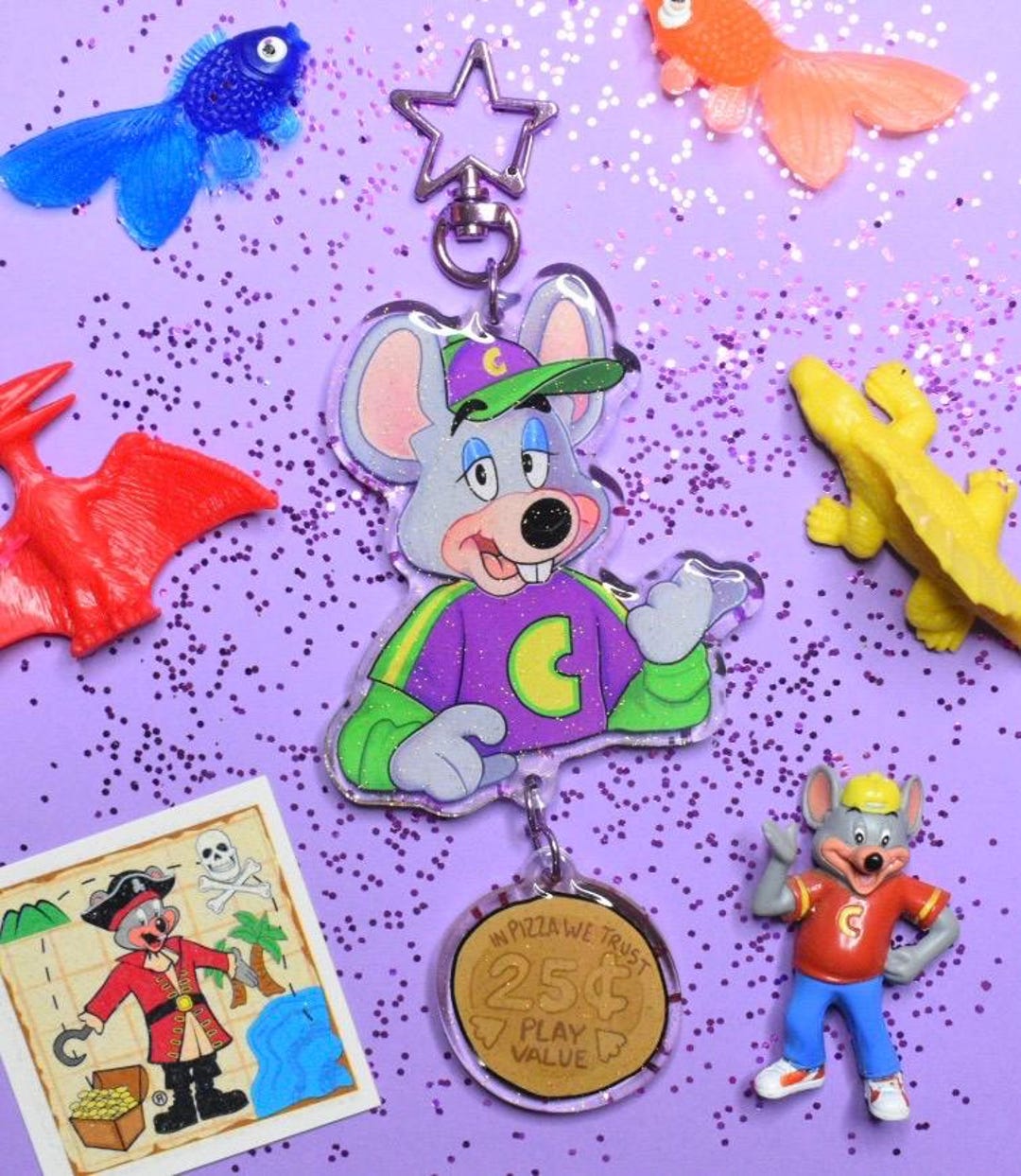 AVENGER PIZZA RAT - Chuck E. Cheese Inspired Dangle Glitter Keychain - Etsy