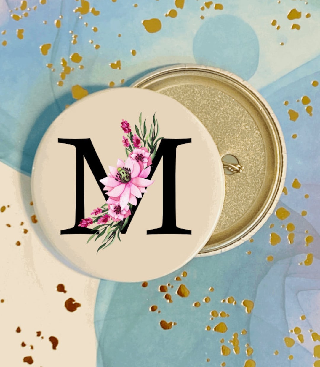 Personalized Initial Back Pin Button, Initial Badge, Floral Pin With ...