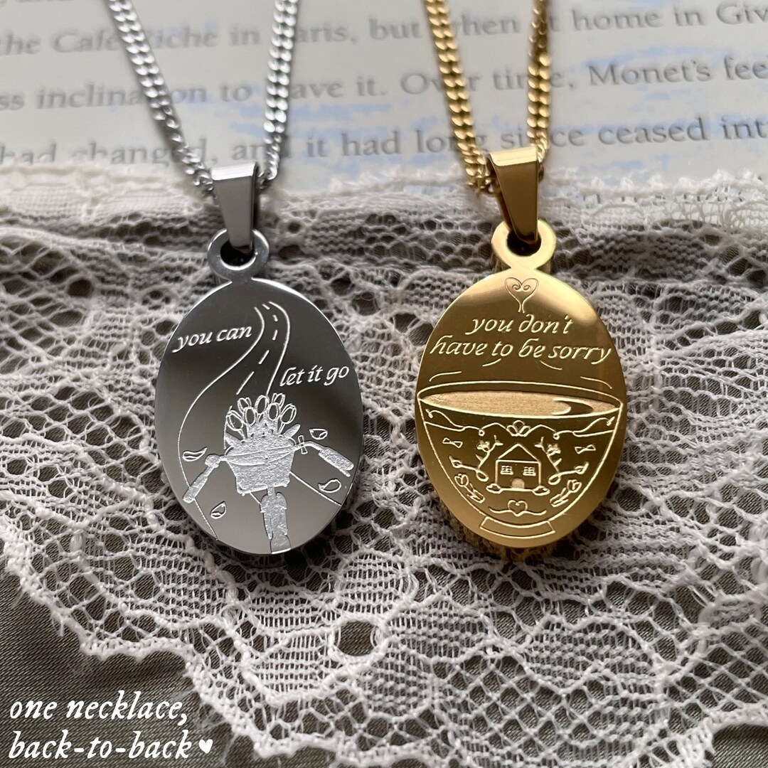 Flower Tea Reversible Necklace - Engraved Oval Chain Pendant Necklace ...