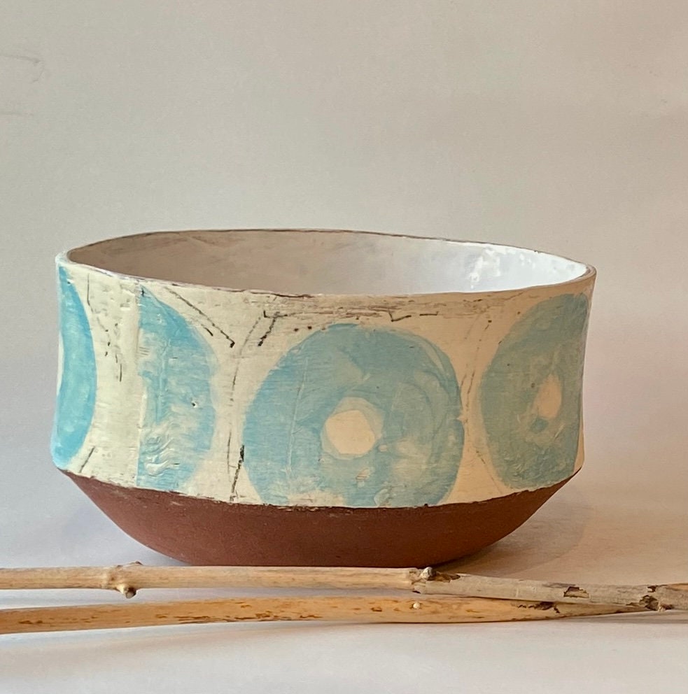 Hand Painted Hand Built Red Clay Serving Bowl With Light Blue Ring ...