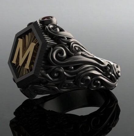 Classic Fashion Bohemian Black M Letter Stainless Steel Rings for Men ...