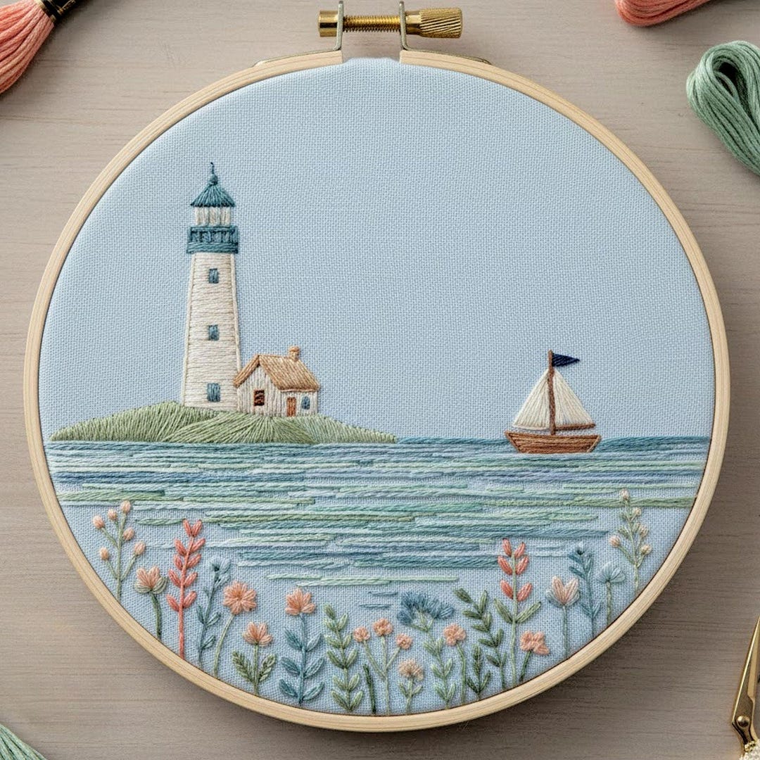 Coastal Lighthouse Embroidery Pattern – Seaside Hand Embroidery Design ...