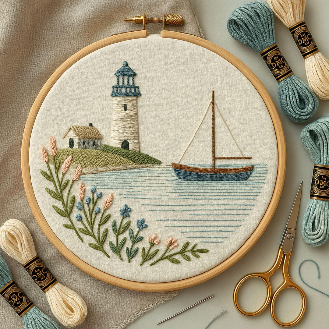Nautical Lighthouse Hand Embroidery Pattern: DIY Seascape (PDF Download ...