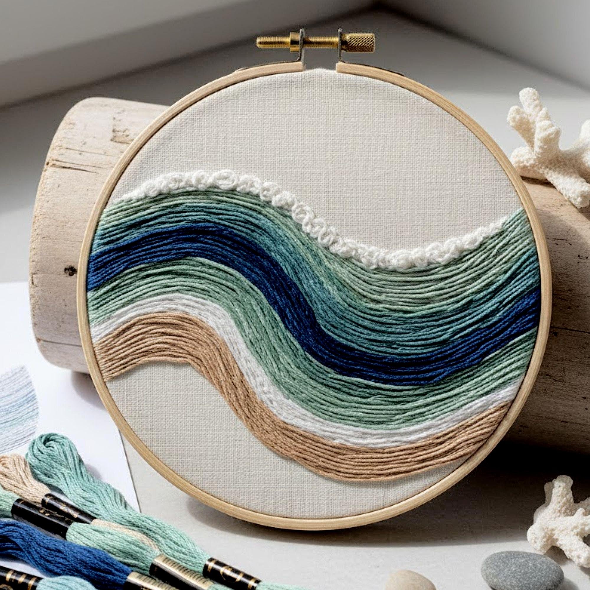 Modern Coastal Wave Hand Embroidery Pattern | Beginner Ocean Hoop Art ...