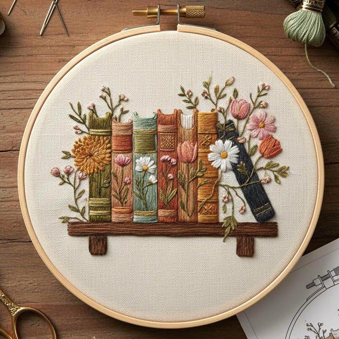 Floral Bookshelf Embroidery Pattern, Vintage Book Hoop Art (digital ...