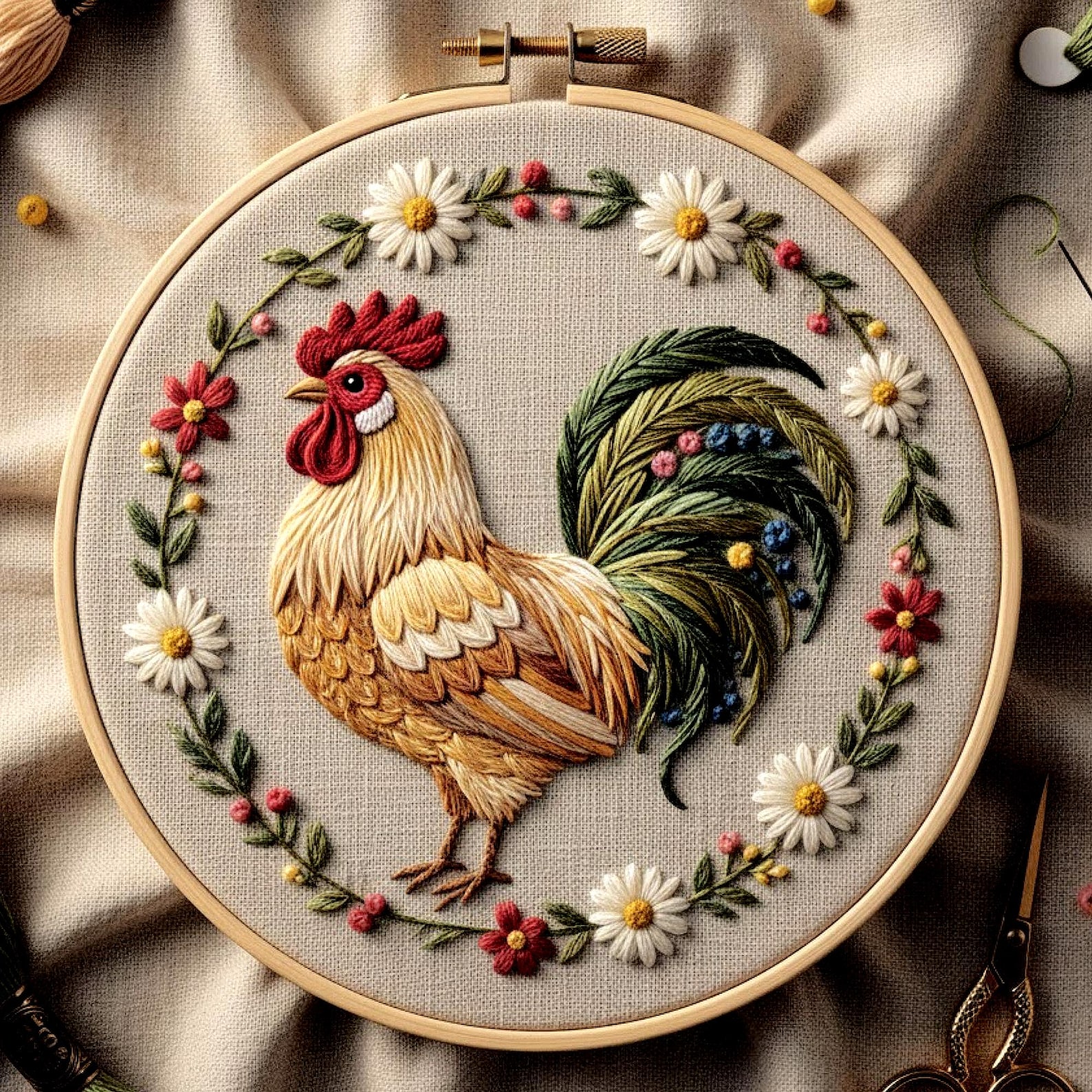 Rooster Floral Wreath Hand Embroidery Pattern | Farmhouse Hoop Art - Etsy