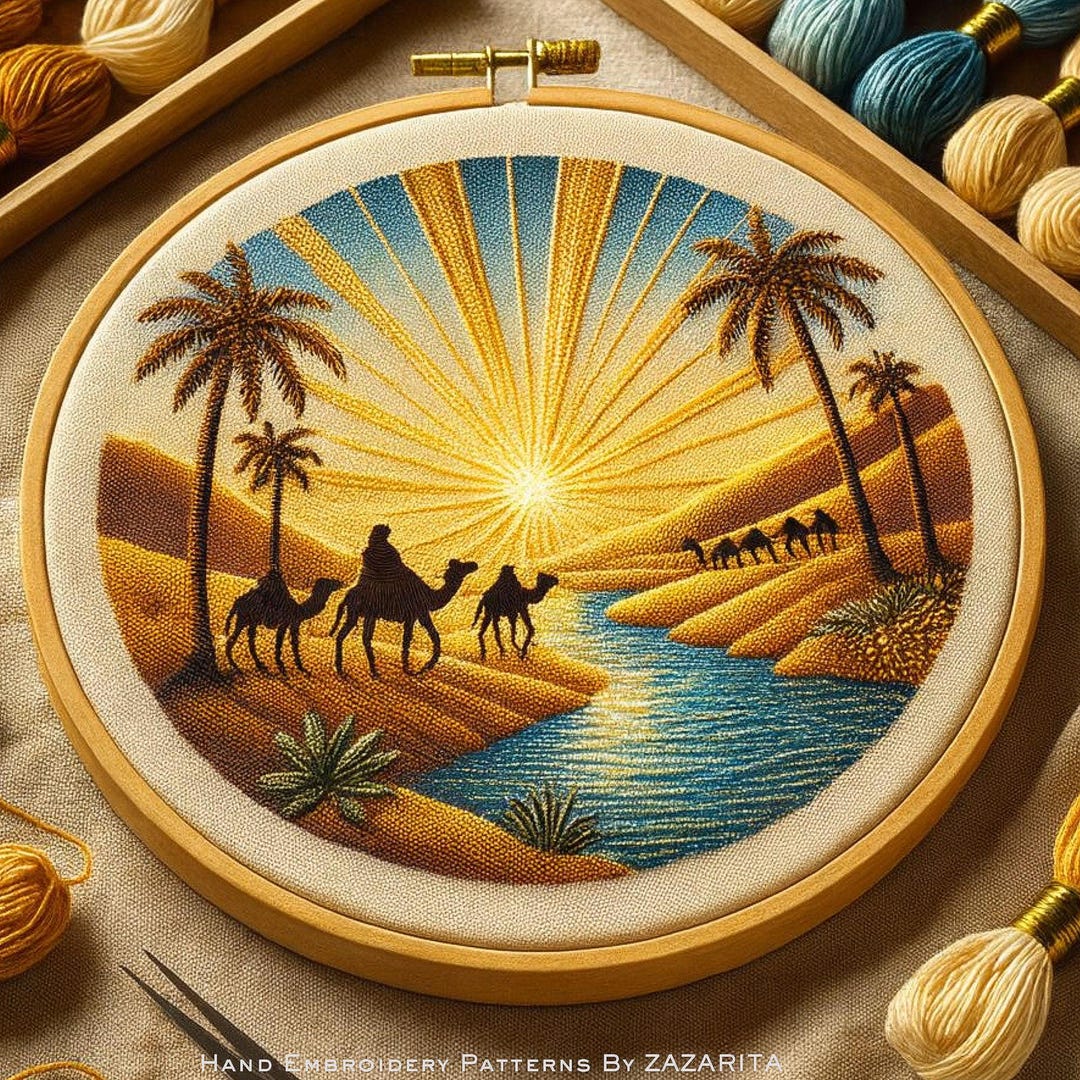 Desert Sunrise Hand Embroidery Pattern | Camel Silhouette Landscape PDF ...