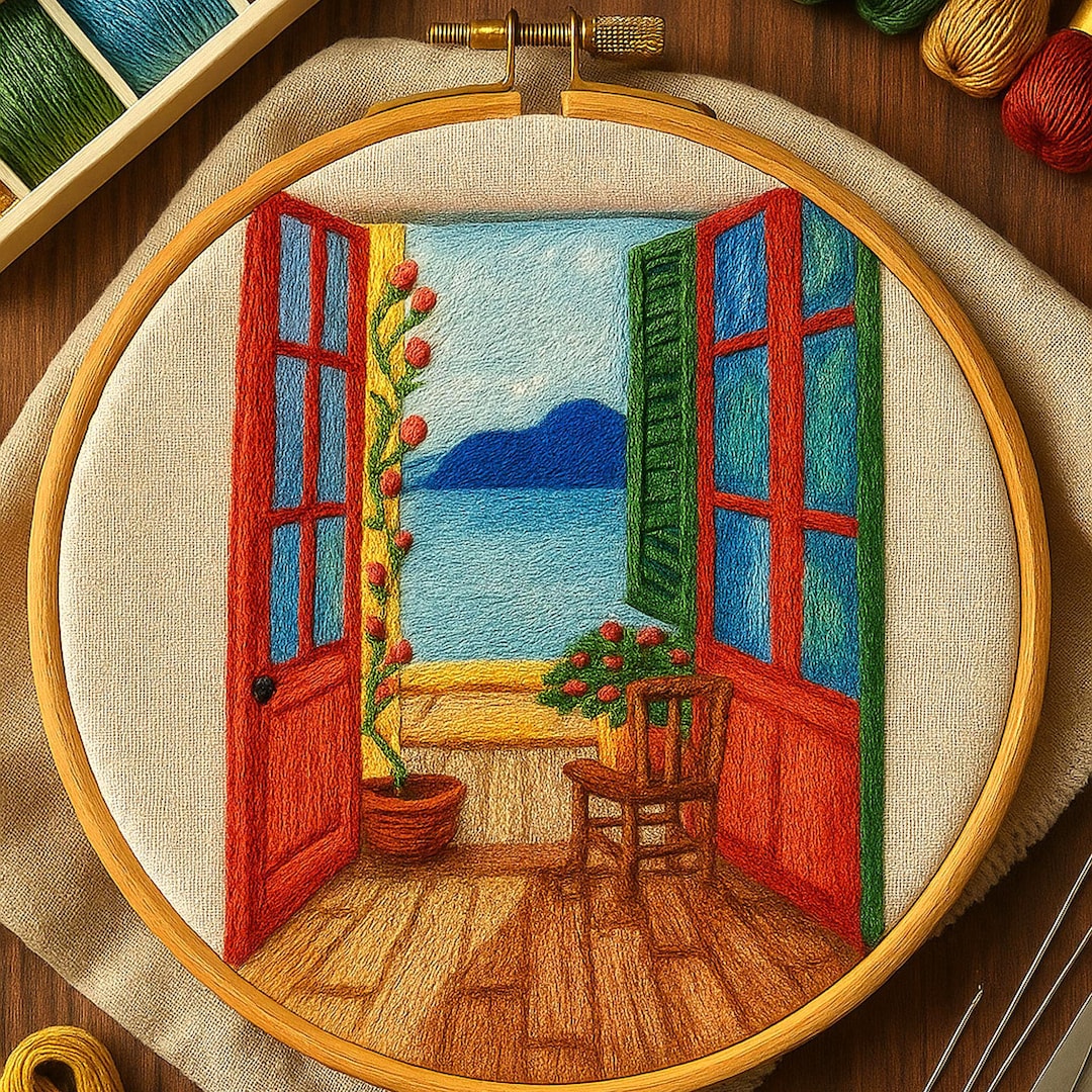 Seaside Window Embroidery Pattern | Coastal Hand Embroidery Design ...