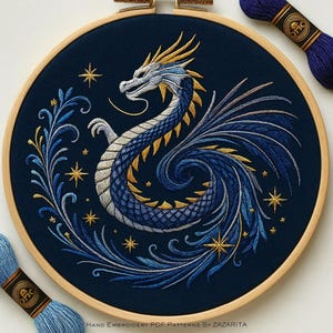 Celestial Dragon Hand Embroidery Pattern: Modern Fantasy Design (PDF ...