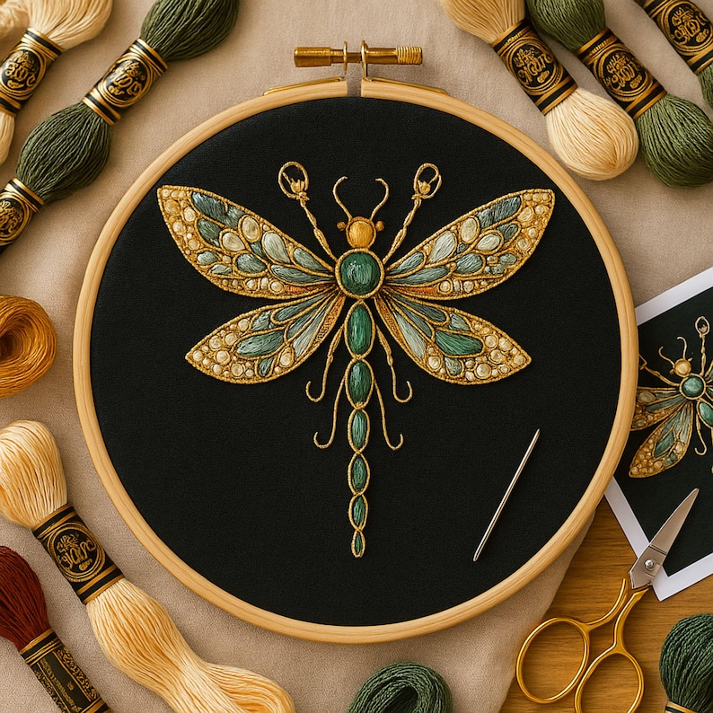Dragonfly Hand Embroidery Pattern | Emerald & Gold Hoop Art (PDF) - Etsy