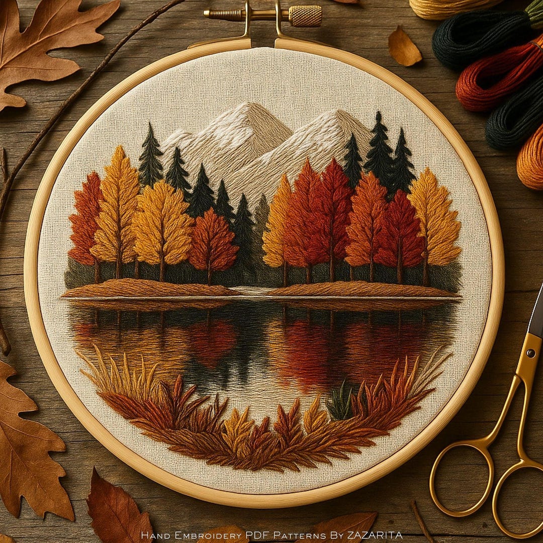 Autumn Forest Lake Embroidery Pattern: Modern Landscape Design (PDF) - Etsy