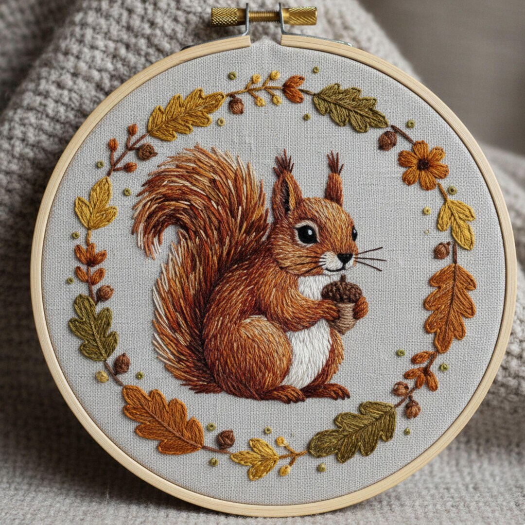 Autumn Squirrel Hand Embroidery Pattern, Woodland Animal Floral Wreath ...