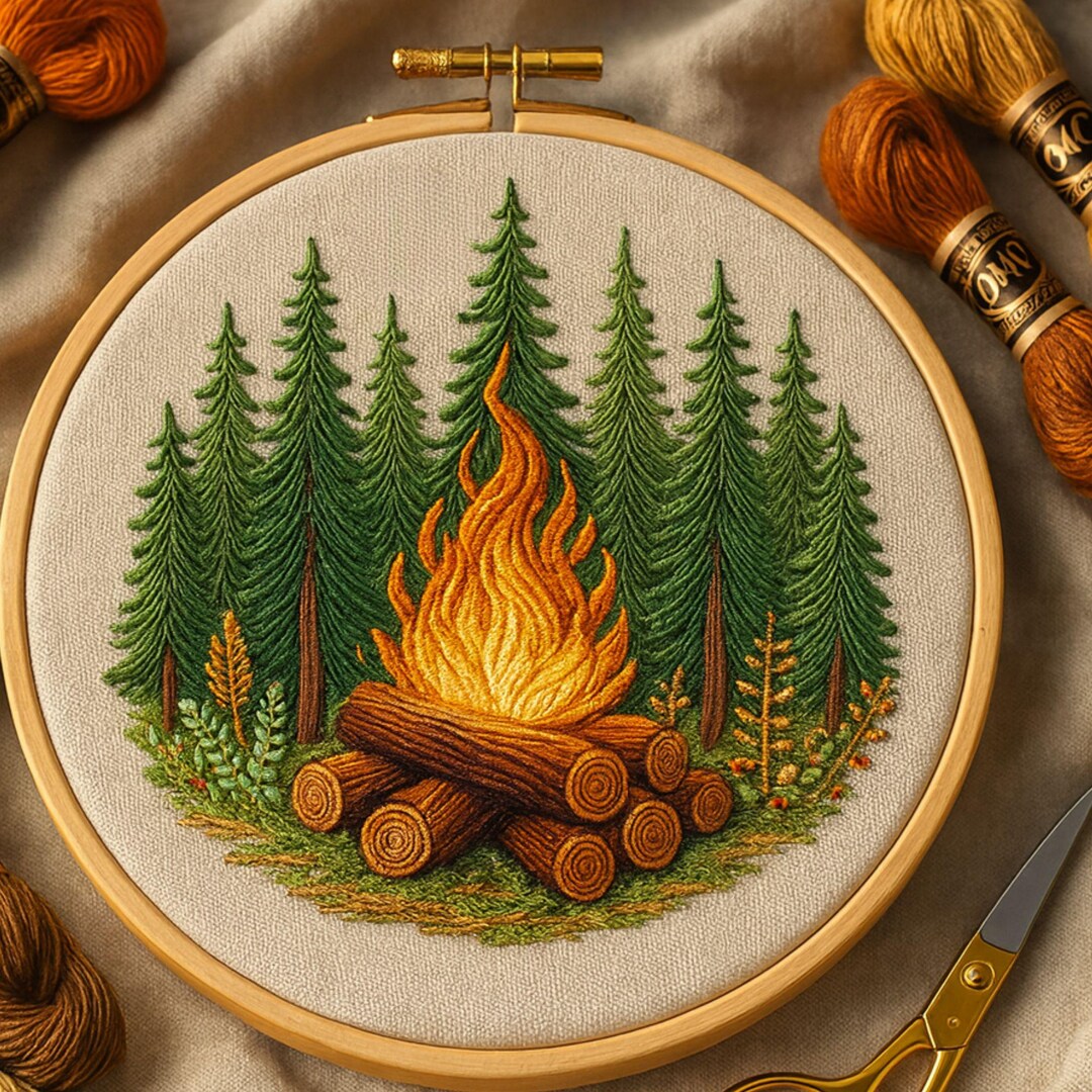Campfire Forest Embroidery Pattern | Modern Beginner Hoop Art (PDF ...