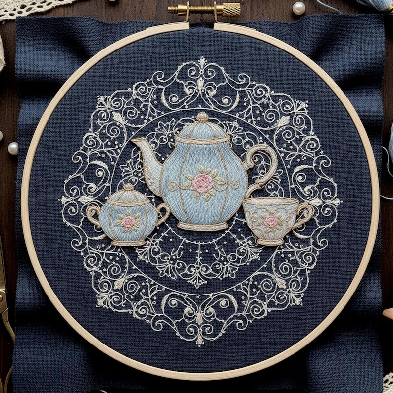 Vintage Tea Set Embroidery Pattern – Elegant Hand Embroidery Design ...