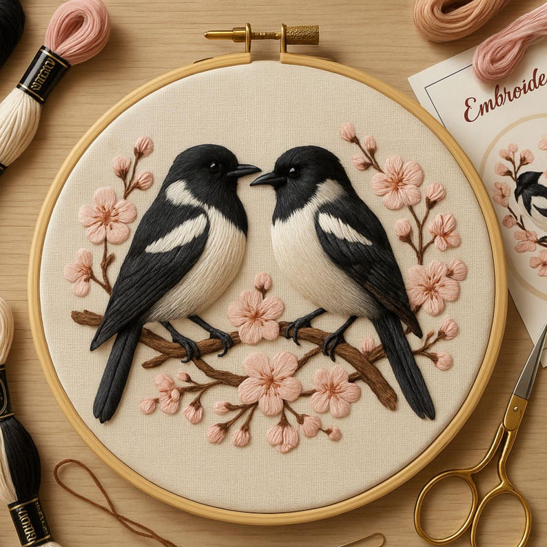 Magpies & Cherry Blossoms Embroidery Pattern | Modern Floral Design ...