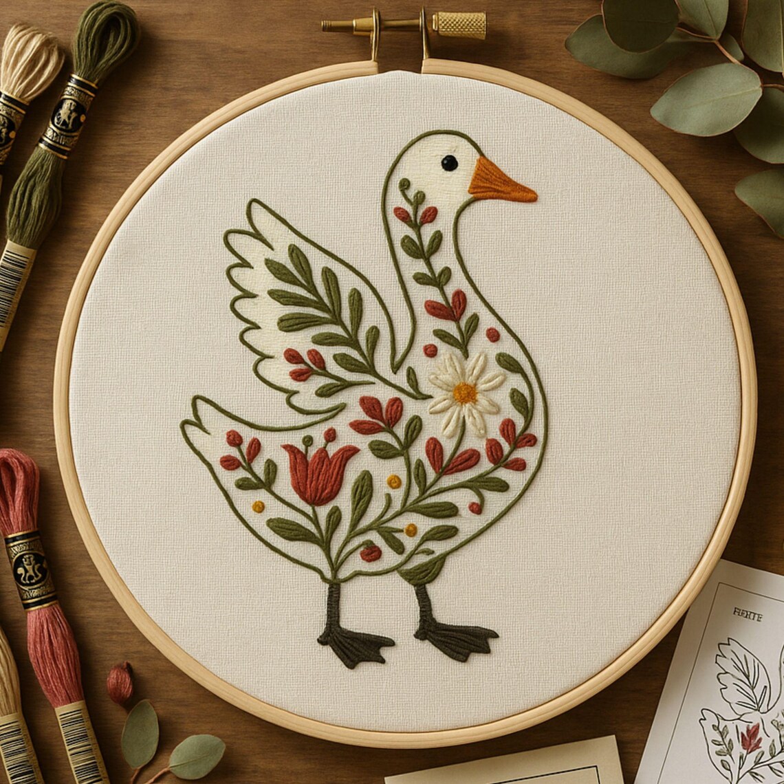 Folk-art Goose Embroidery Pattern – Scandinavian Floral Design (PDF ...