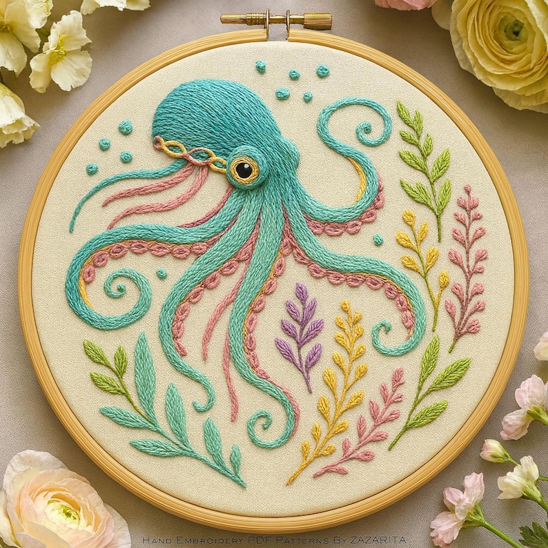 Octopus Floral Hand Embroidery Pattern: Modern Hoop Art (PDF Download ...