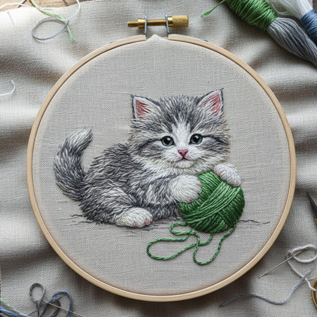Cute Kitten Hand Embroidery Pattern | Beginner Animal Hoop Art Design ...
