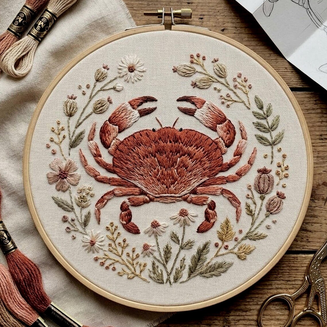 Vintage Crab Floral Embroidery Pattern | Botanical Sea Life Hoop Art ...