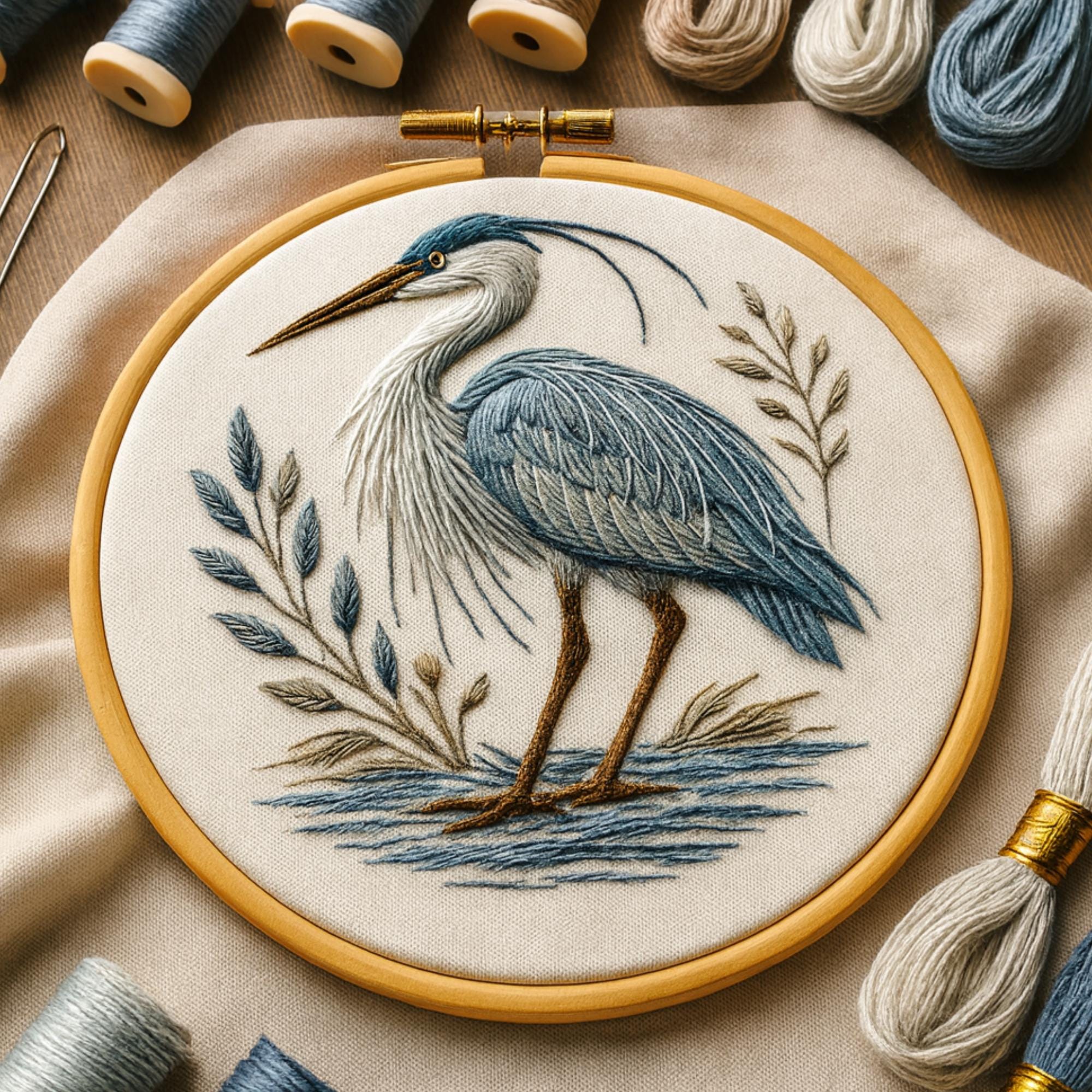 Blue Heron Embroidery Pattern: Coastal Bird Hoop Art (PDF Download) - Etsy