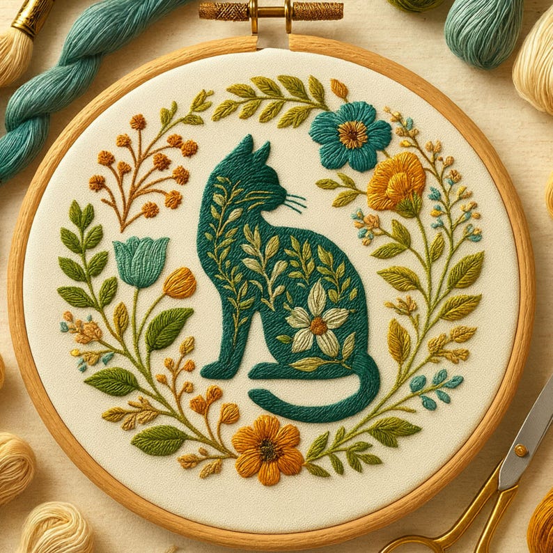 Floral Cat Embroidery Pattern | Beginner Hoop Art (PDF Pattern) - Etsy