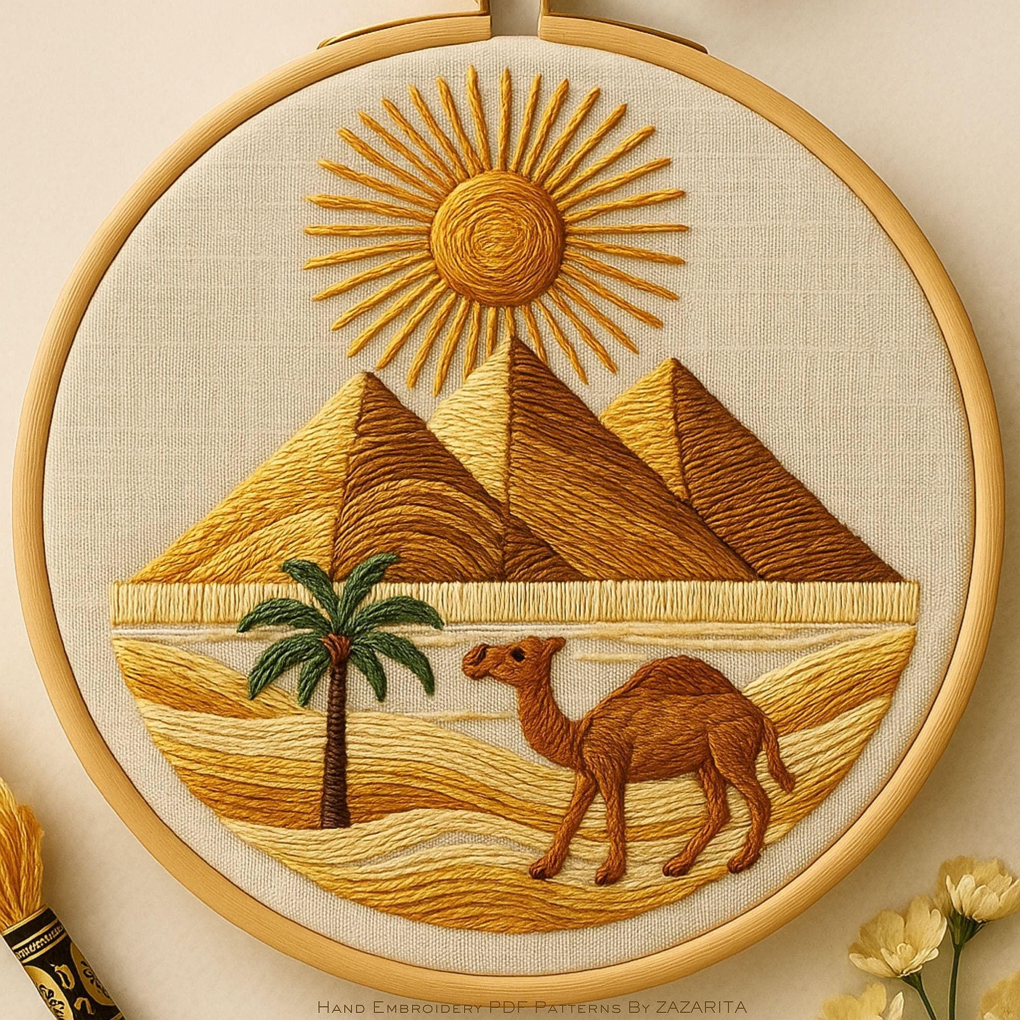 Golden Desert Camel Embroidery Pattern: Pyramids, Palm Tree & Sun (PDF ...