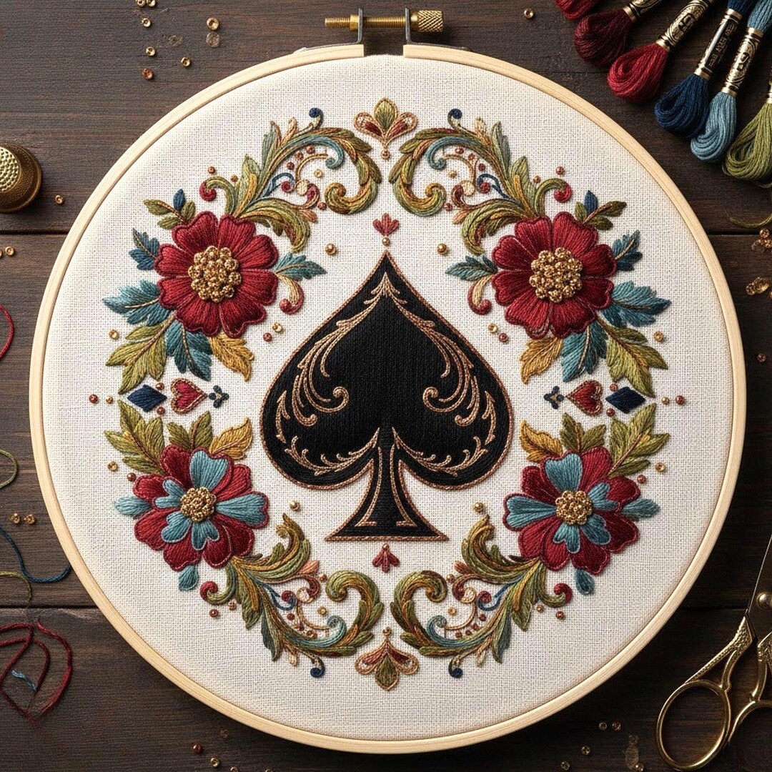 Vintage Spade Floral Hand Embroidery Pattern, Ornamental Card Symbol ...