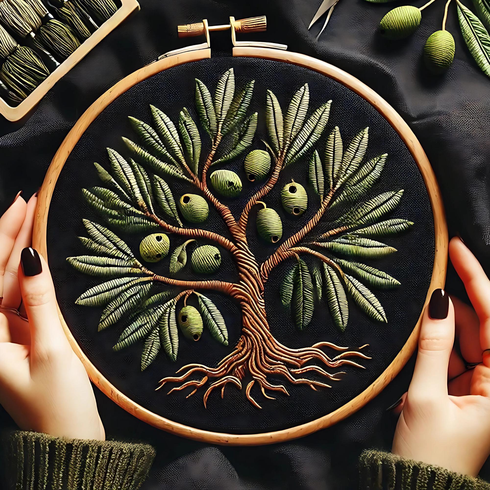 Olive Tree Embroidery Pattern: 3D Olives, Black Fabric (digital ...