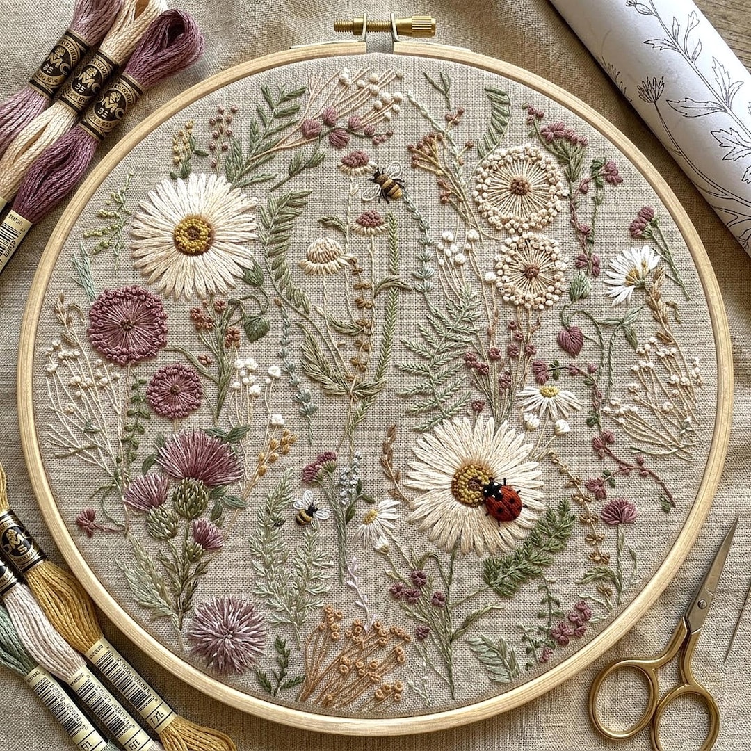 Vintage Wildflower Meadow Embroidery Pattern, Botanical Floral Hoop Art ...