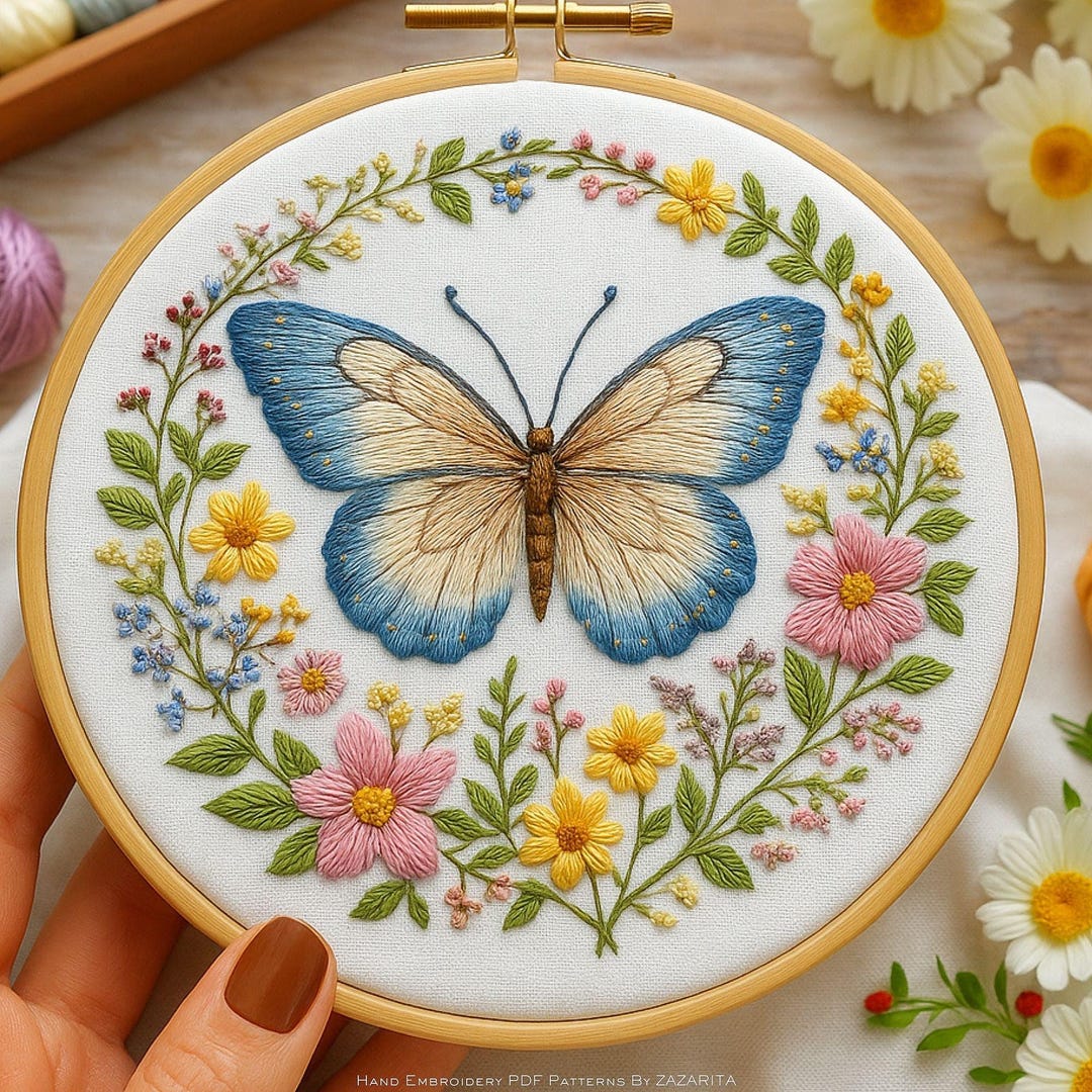 Butterfly Floral Wreath Hand Embroidery Pattern: Beginner Hoop Art (PDF ...