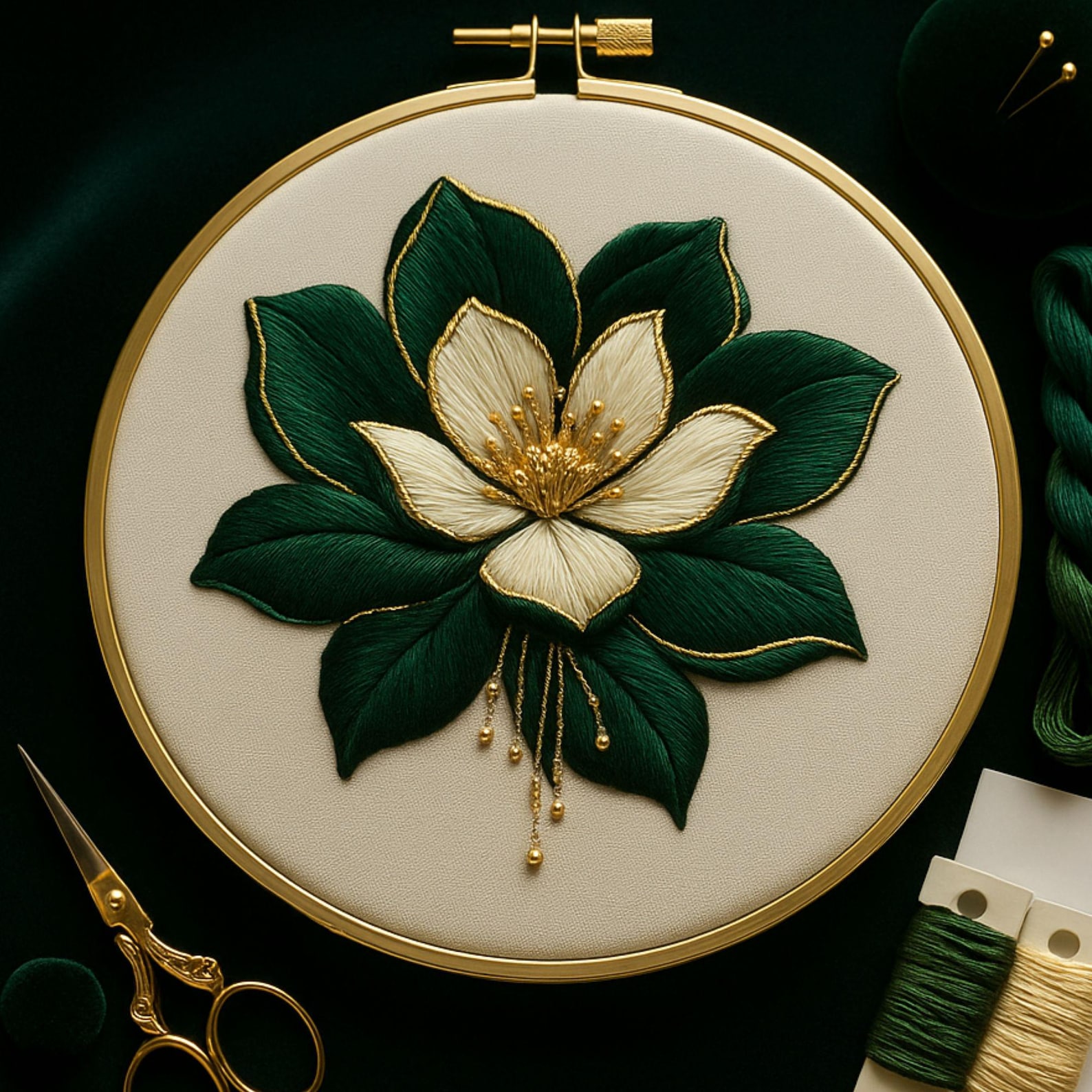Emerald Magnolia Embroidery Pattern – Elegant Goldwork Floral Design ...